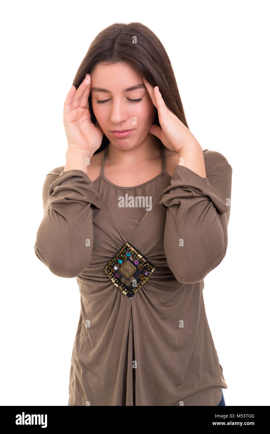 Young woman with a strong headache, isolated over white background ...