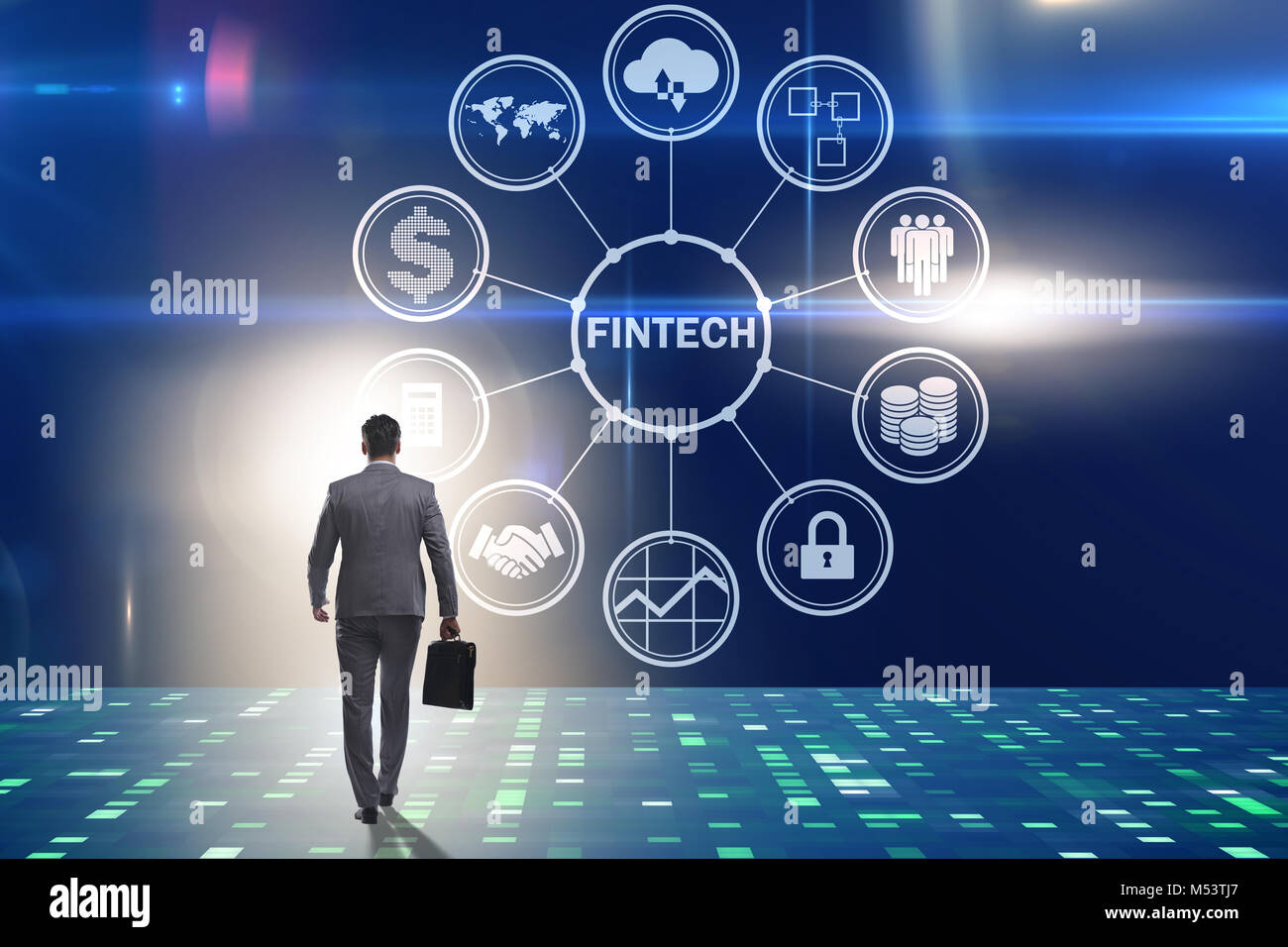 Businesswoman walking towards financial technology fintech Stock Photo ...