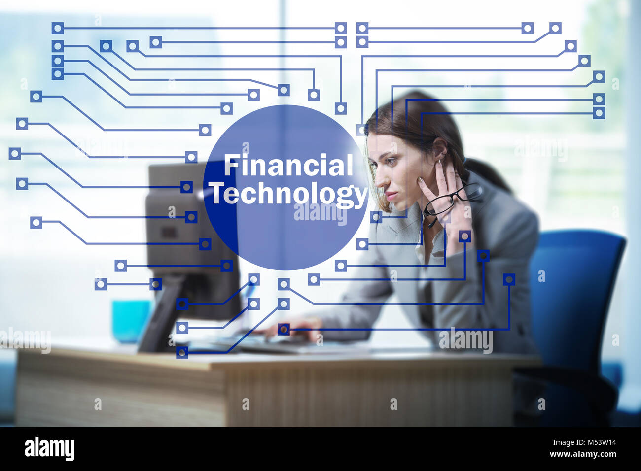 Businesswoman with computer in financial technology fintech conc Stock ...