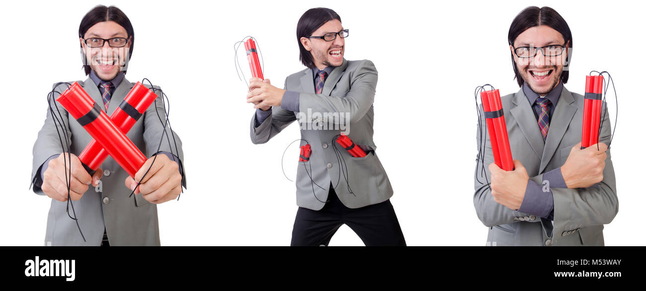 Young businessman holding dynamite isolated on white Stock Photo - Alamy