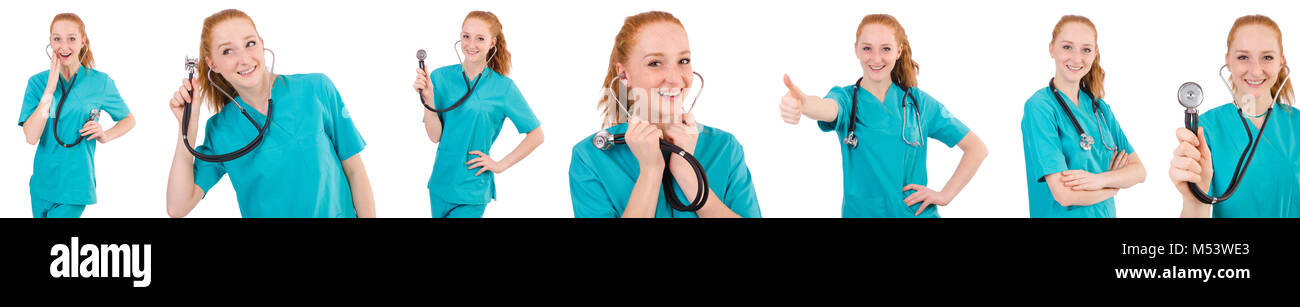 Young medical trainee with stethoscope isolated on white Stock Photo ...
