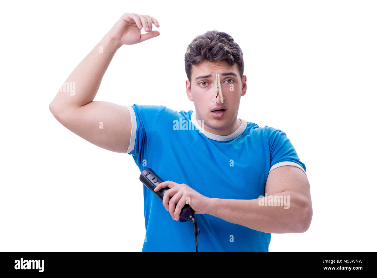 Man sweating excessively smelling bad isolated on white backgrou Stock ...