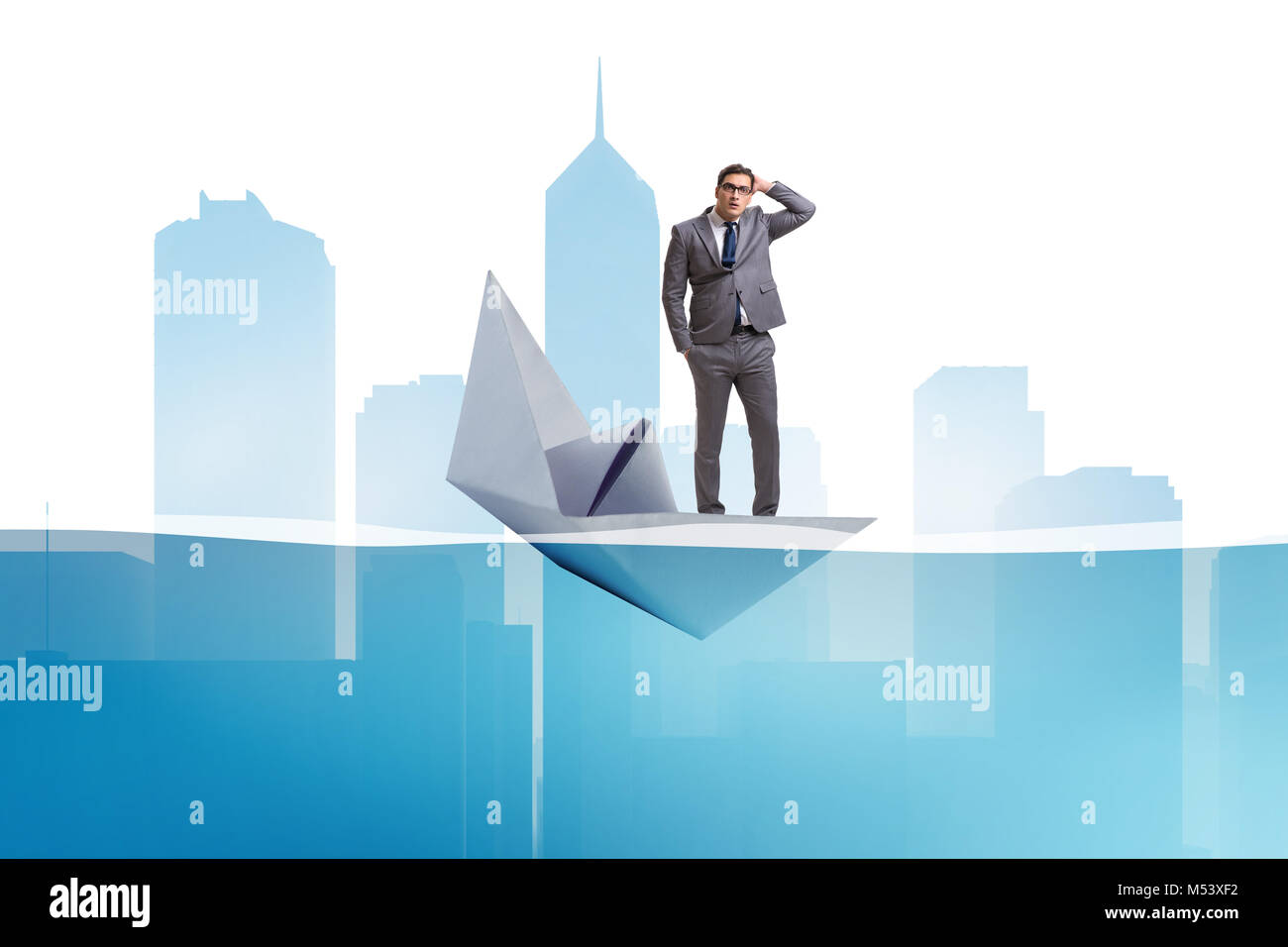 Businessman escaping sunken paper boat ship Stock Photo - Alamy