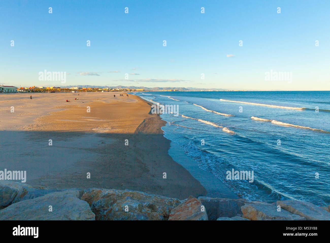 valencia beach view at sunset view from the pier Stock Photo - Alamy