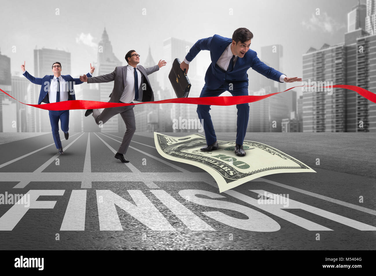 Businessman flying on dollar banknote towards finish line Stock Photo ...