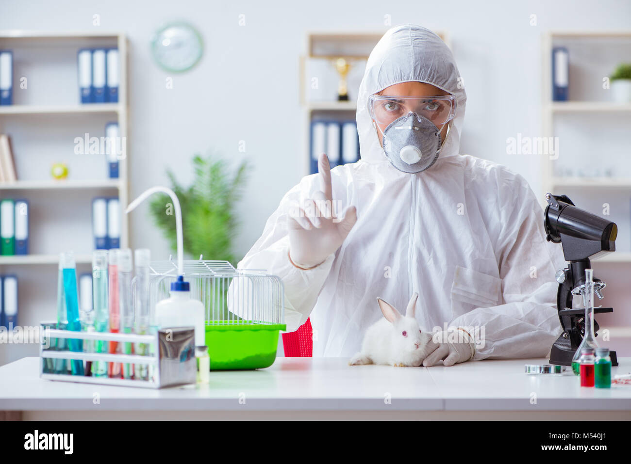 Scientist doing animal experiment in lab with rabbit Stock Photo - Alamy