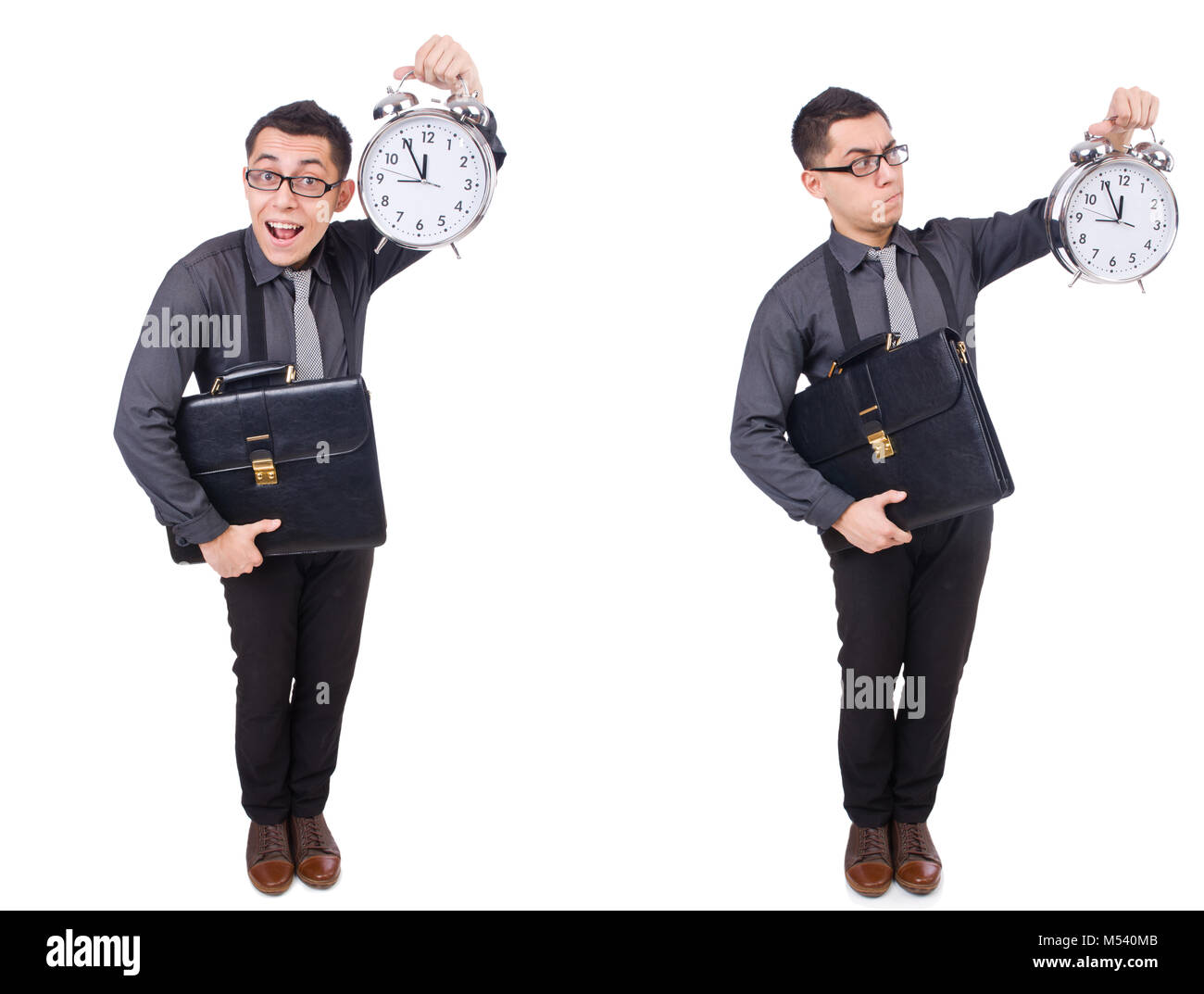 Funny businessman with clock isolated on white Stock Photo - Alamy