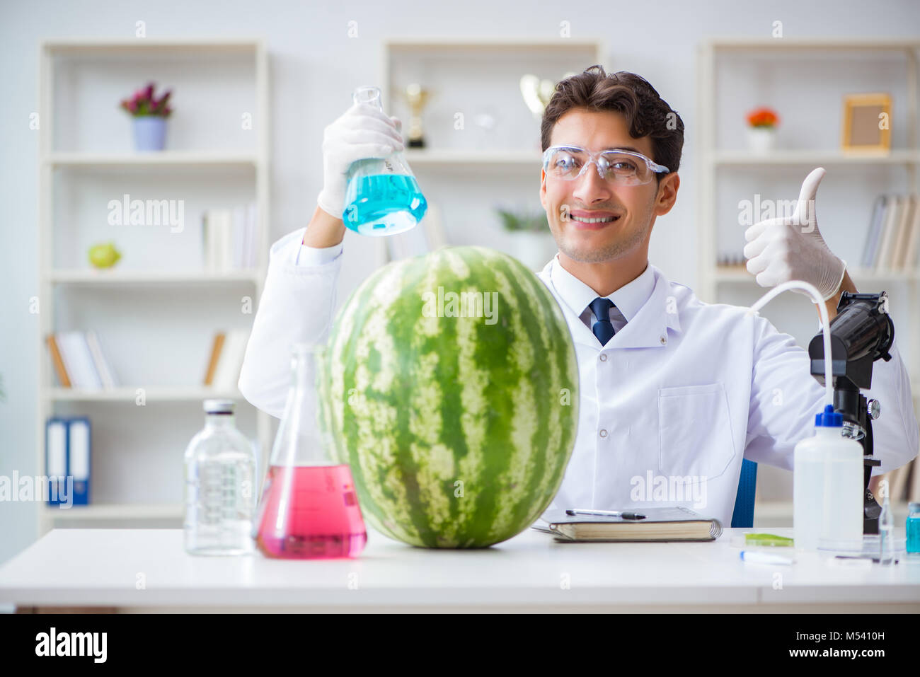 Scientist testing watermelon in lab Stock Photo - Alamy