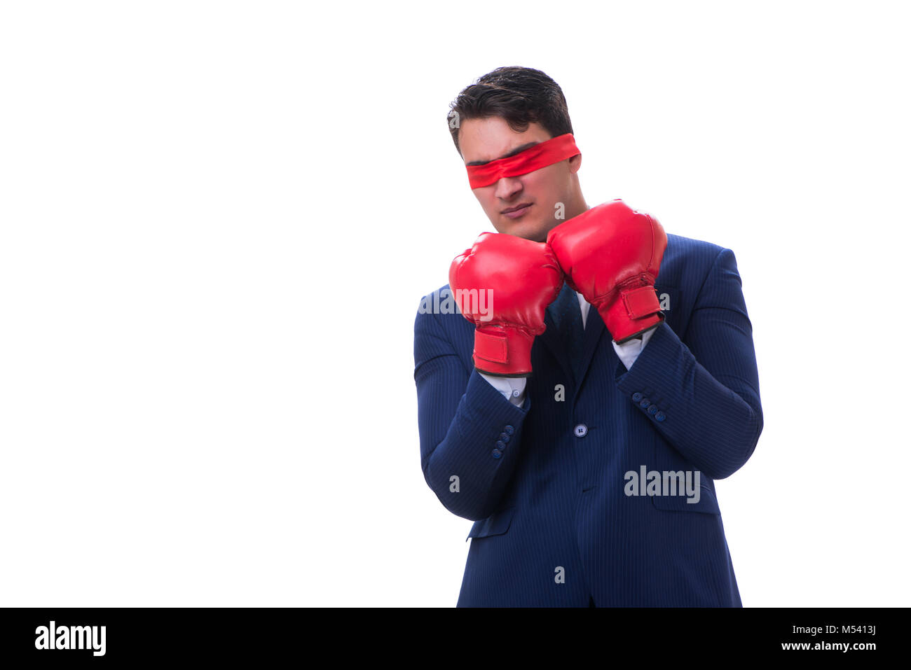 Lawyer with blindfold wearing boxing gloves isolated on white Stock ...