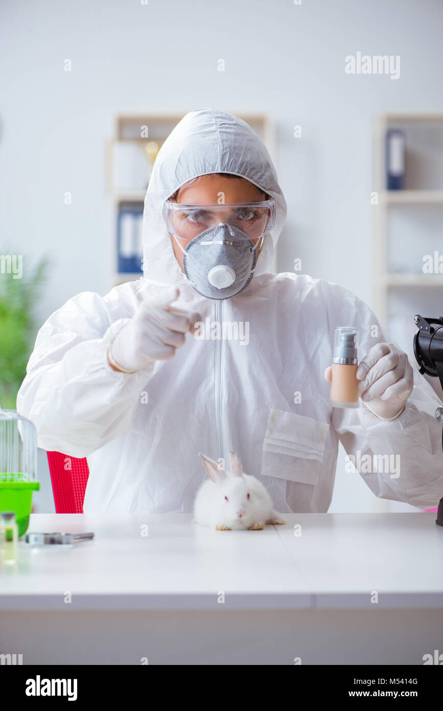 Scientist doing animal experiment in lab with rabbit Stock Photo - Alamy