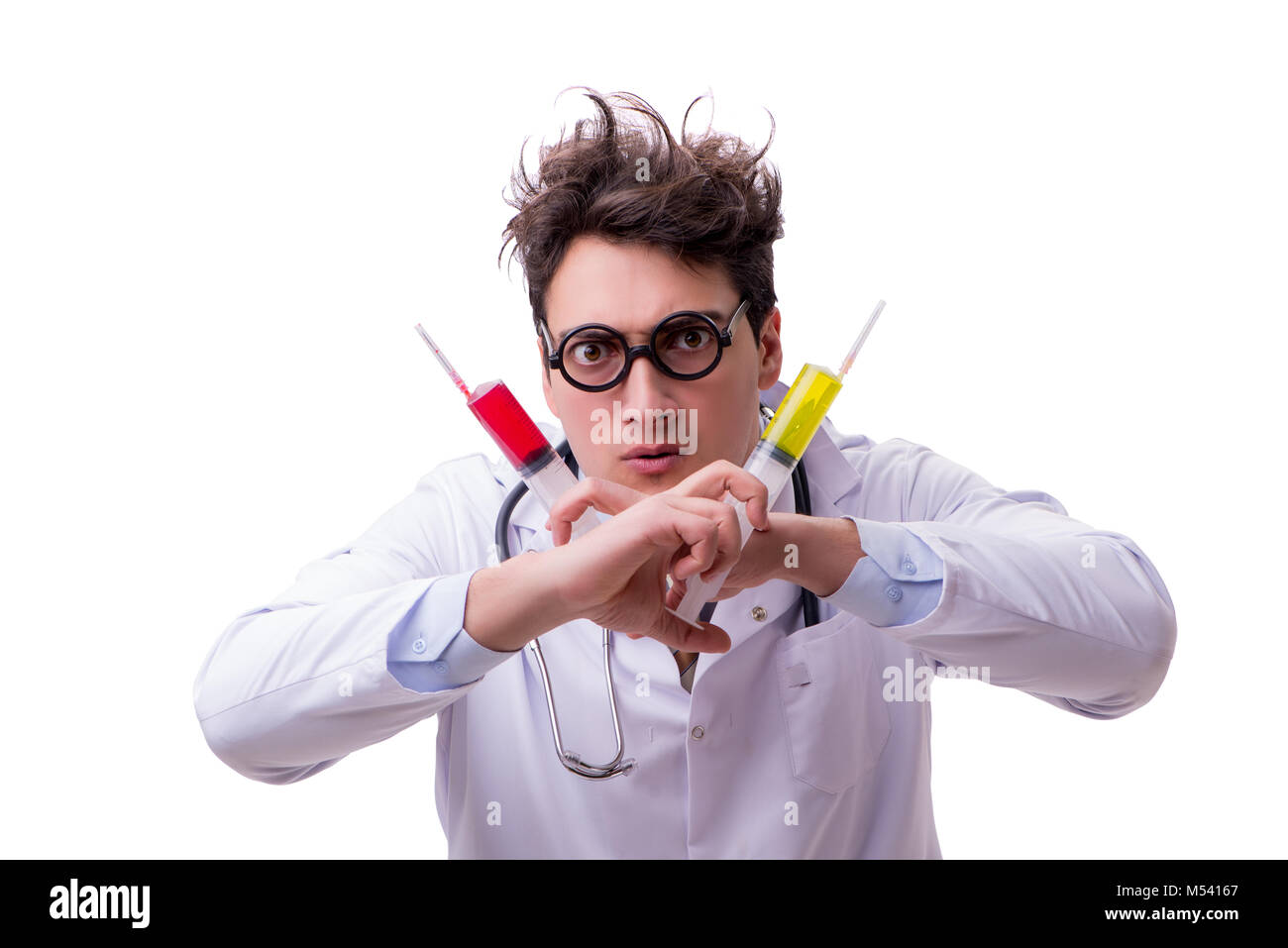 Funny doctor with syringe isolated on white Stock Photo - Alamy