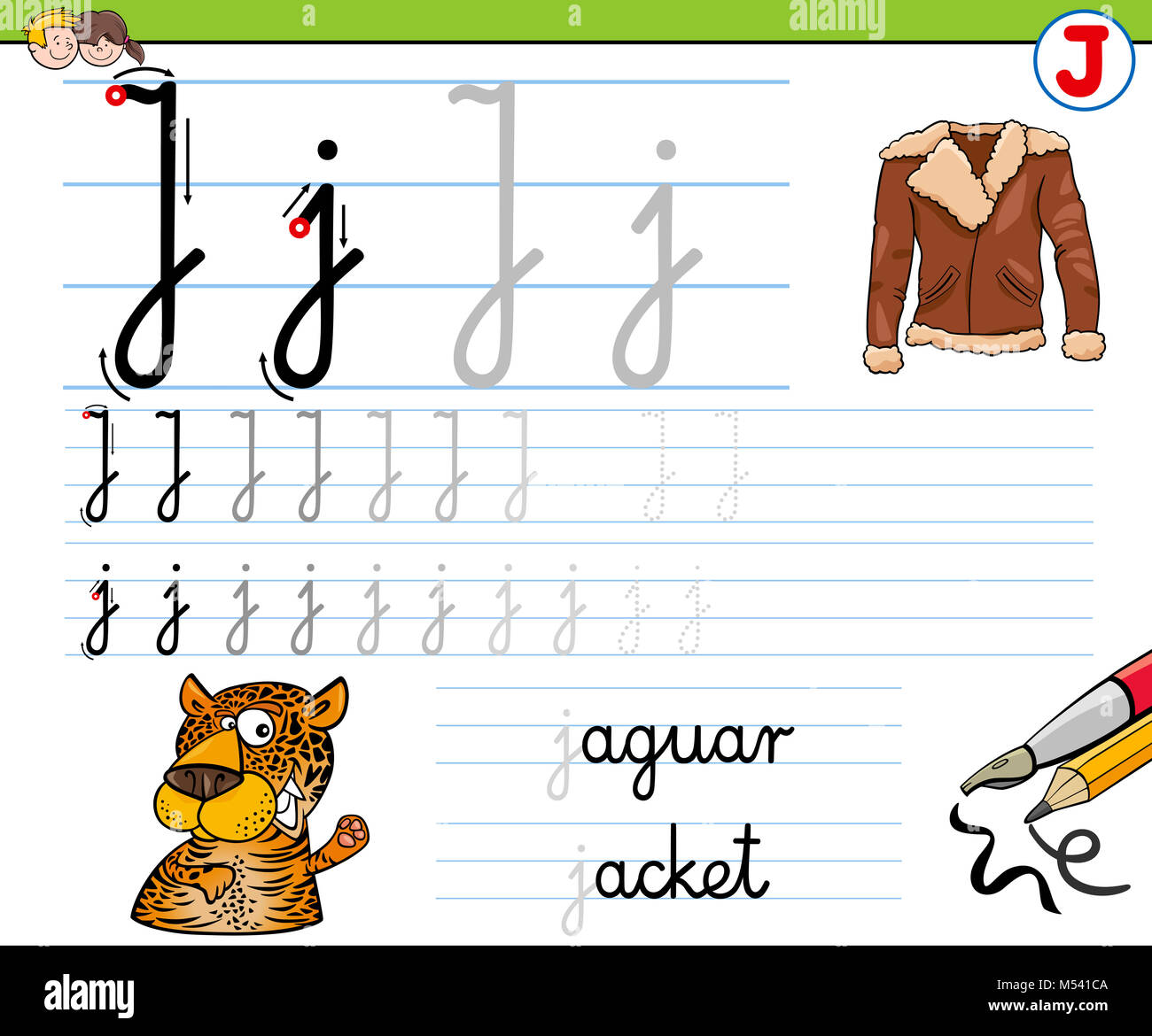 how to write letter J worksheet for kids Stock Photo - Alamy