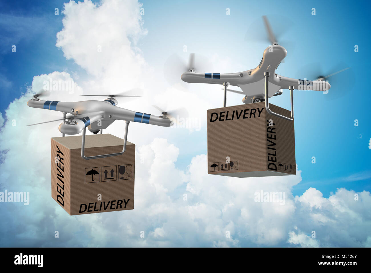 Drone delivery concept with box in air Stock Photo - Alamy