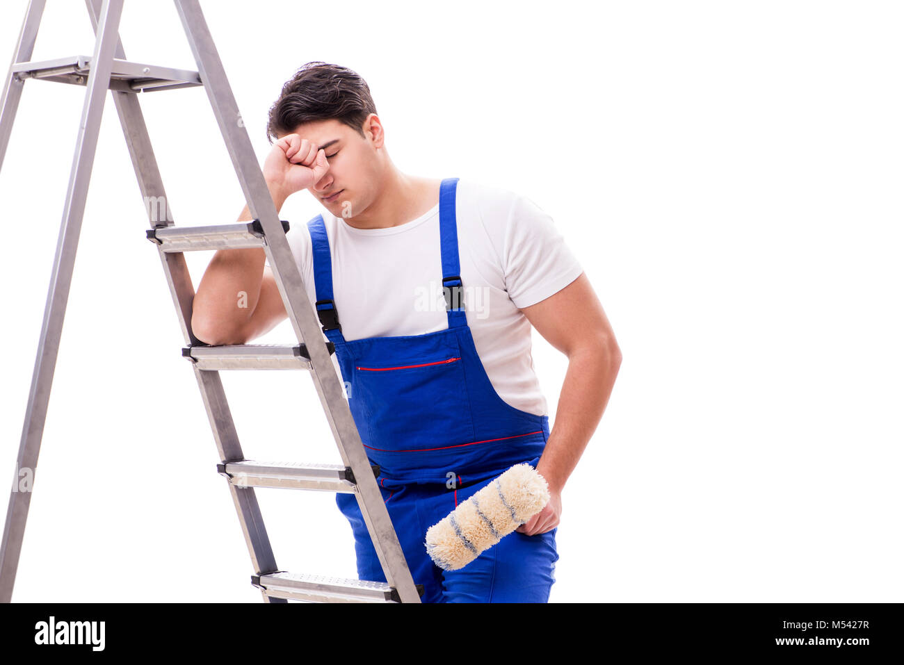Young painter man with ladder isolated on white background Stock Photo ...