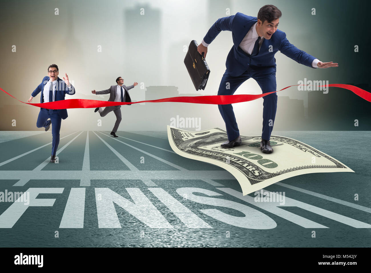 Businessman flying on dollar banknote towards finish line Stock Photo ...