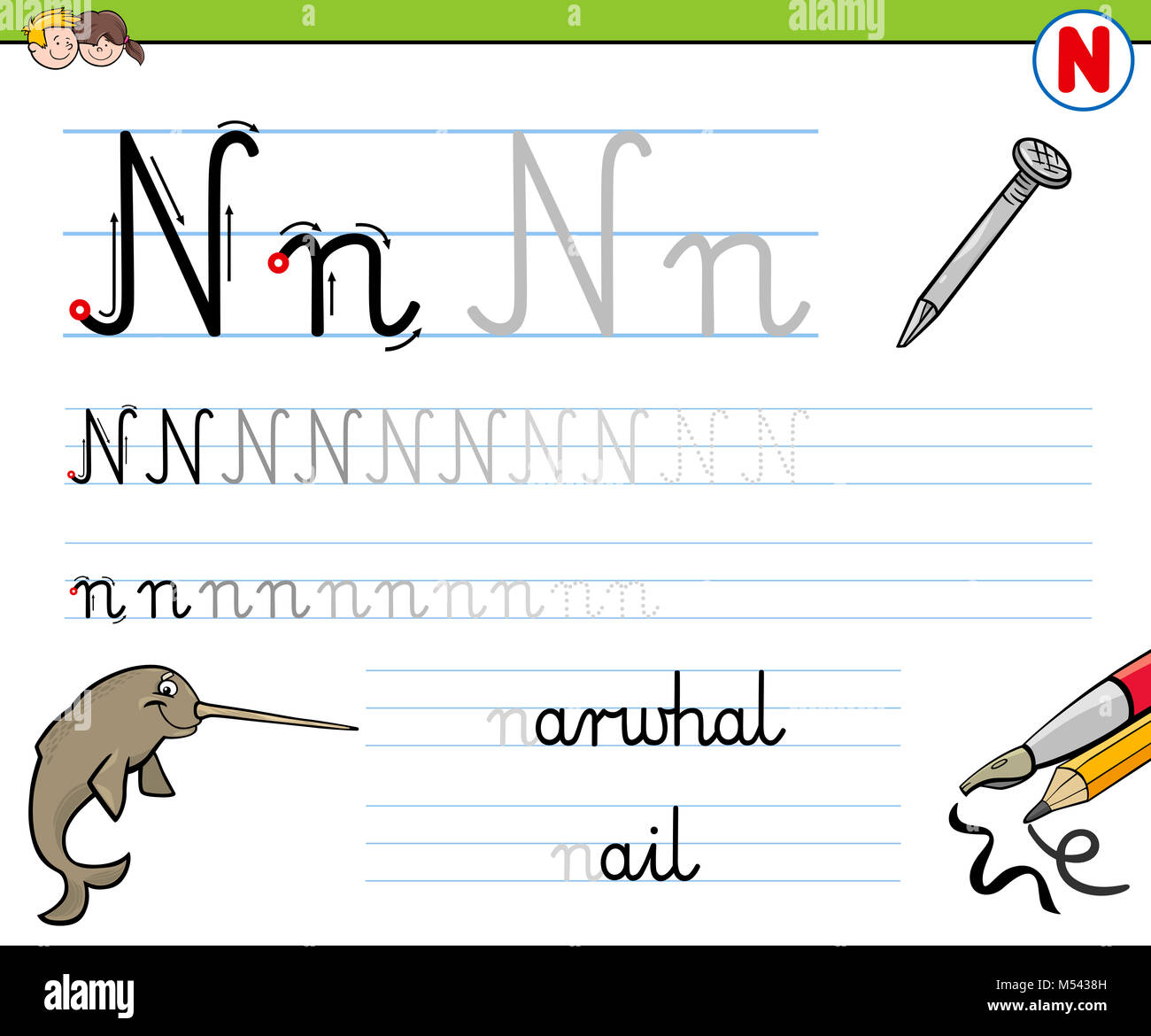 how to write letter N worksheet for kids Stock Photo - Alamy