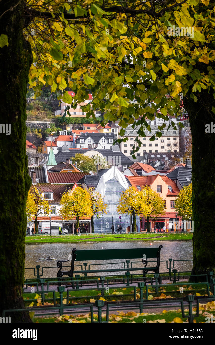 Bench by the lake in park in Bergen Stock Photo - Alamy