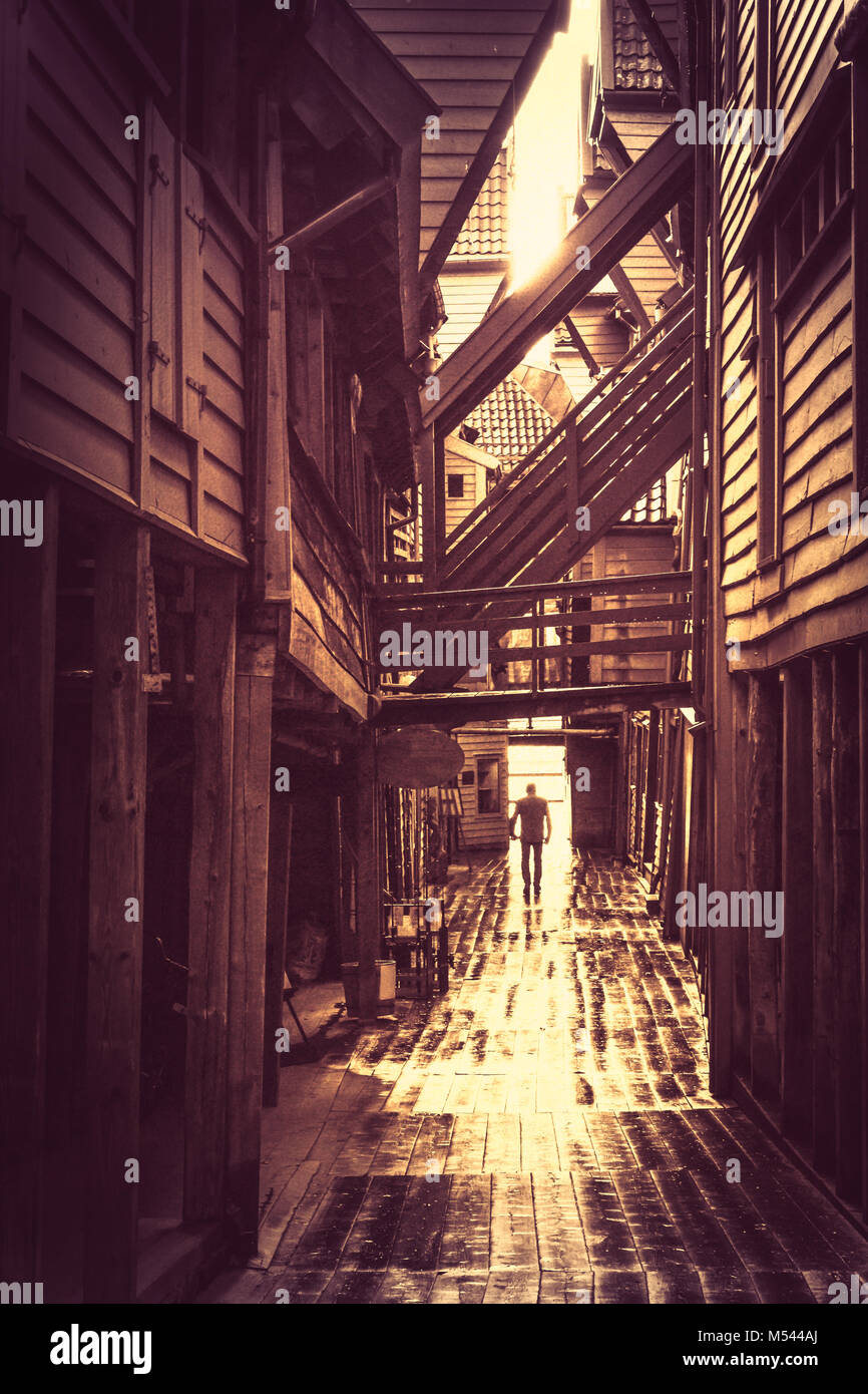 Retro vintage image of a historic wooden buildings in Bryggen Stock ...
