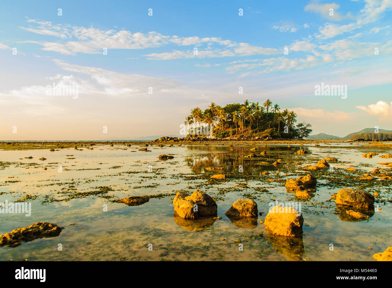 Lonely remote island with rock beach and tree when the sea water ...