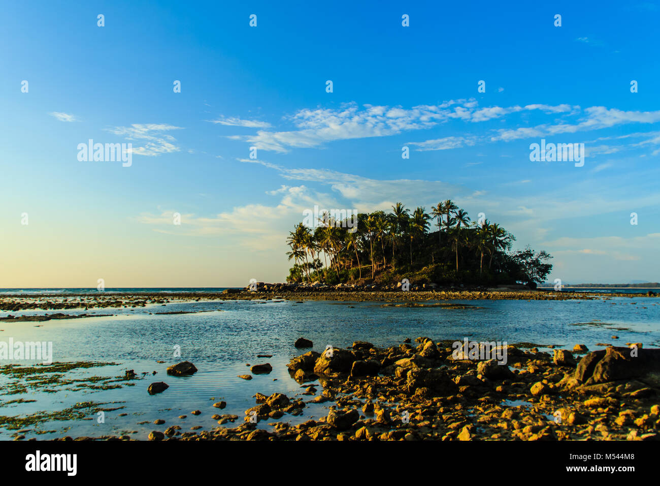 Lonely remote island with rock beach and tree when the sea water ...