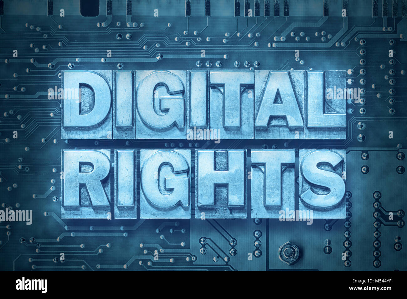 digital rights phrase made from metallic letterpress blocks on pc board ...