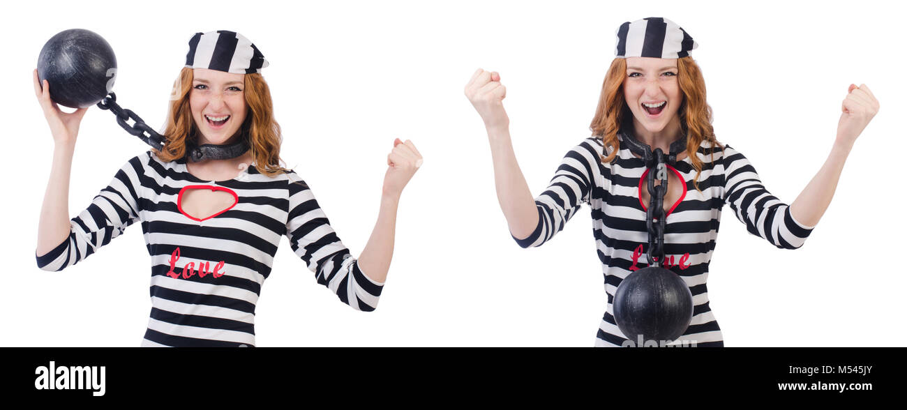 Young smiling woman-prisoner isolated on white Stock Photo - Alamy