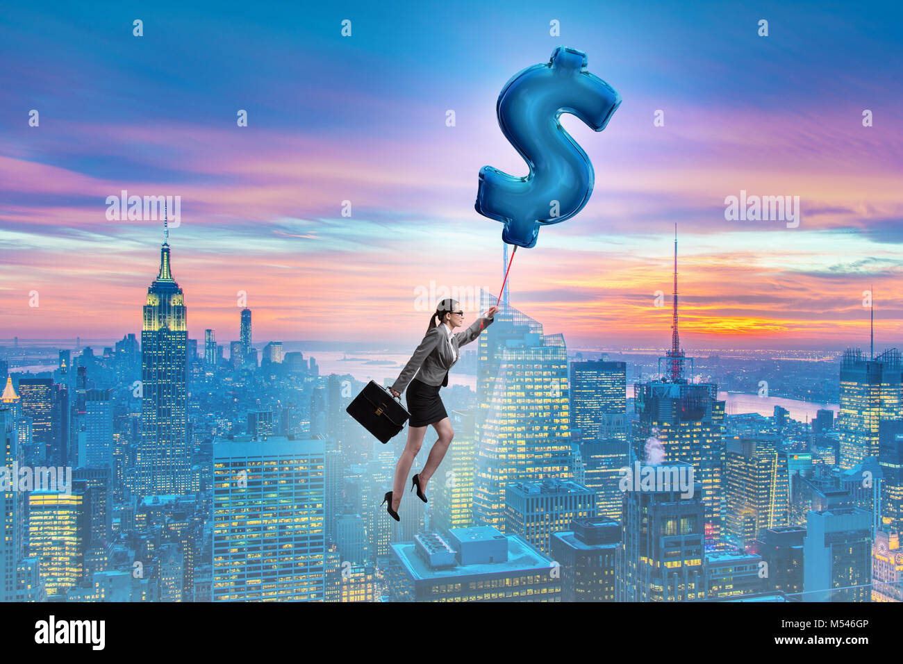 Businesswoman flying on dollar sign inflatable balloon Stock Photo - Alamy