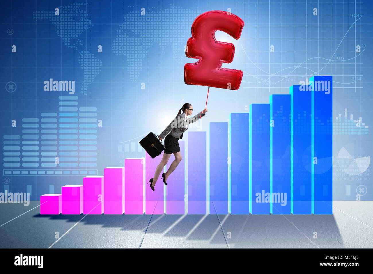 Businesswoman flying on british pound sign inflatable balloon Stock ...