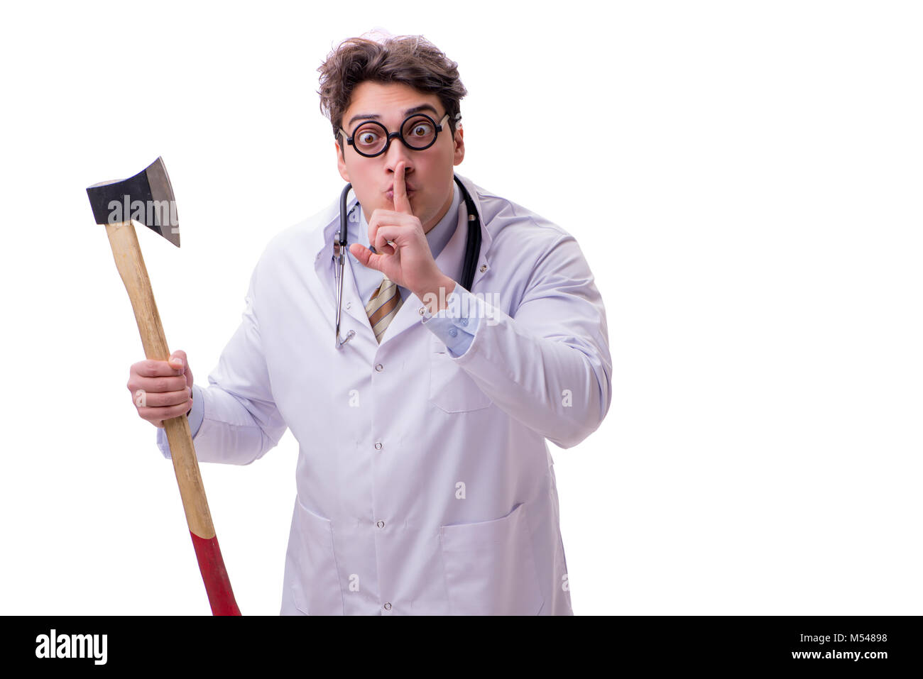 Funny doctor with axe isolated on white Stock Photo - Alamy