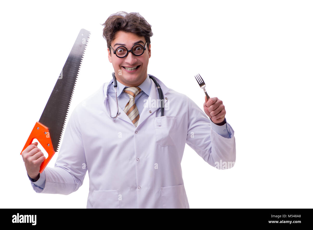 Funny doctor with saw isolated on white Stock Photo - Alamy