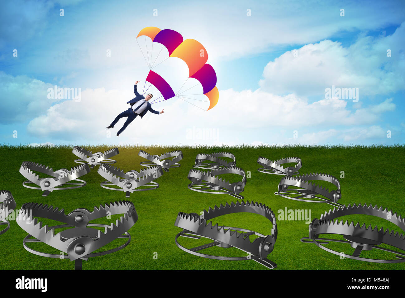 Businessman falling into trap on parachute Stock Photo - Alamy
