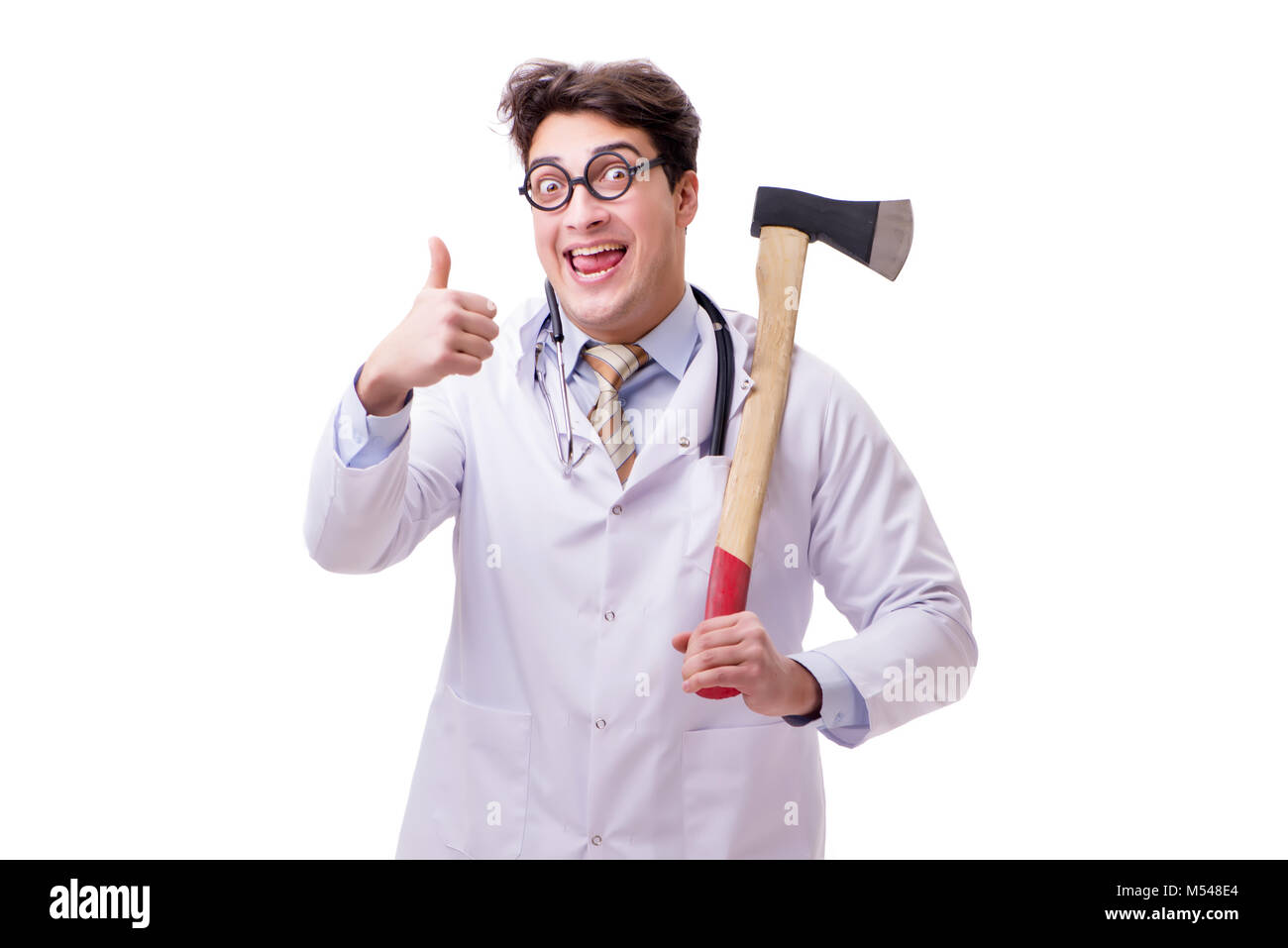 Funny doctor with axe isolated on white Stock Photo - Alamy