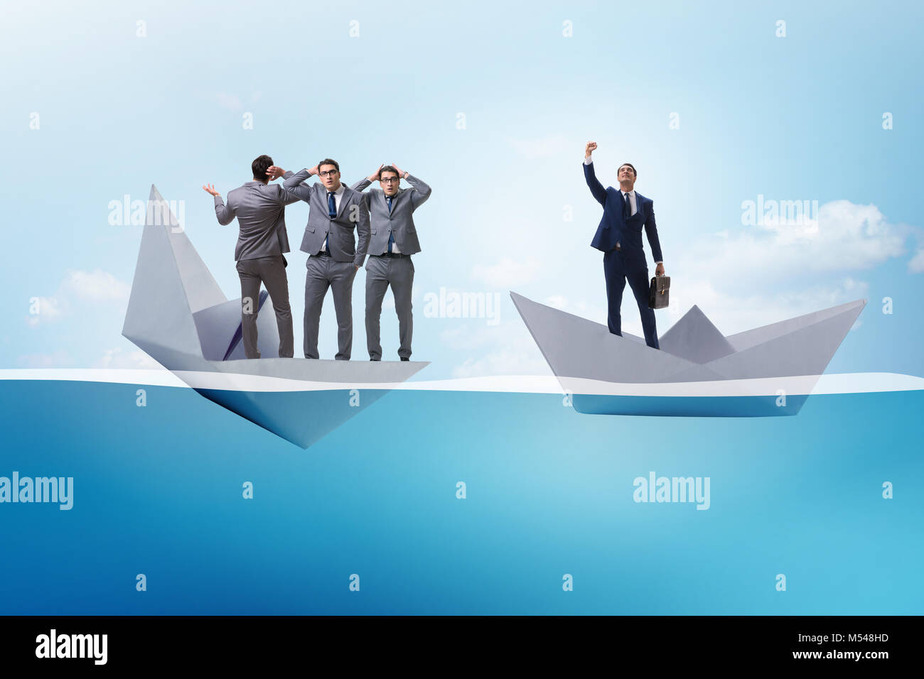 Businessman escaping sunken paper boat ship Stock Photo - Alamy