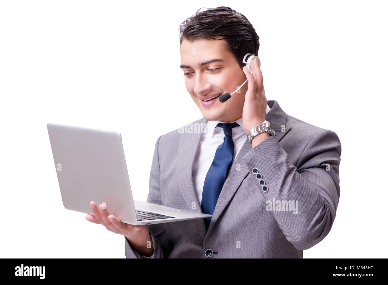 Call center employee isolated on white background Stock Photo - Alamy