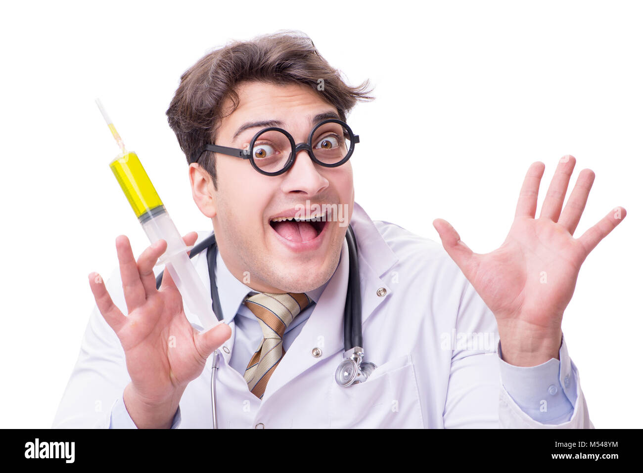 Funny doctor with syringe isolated on white Stock Photo - Alamy
