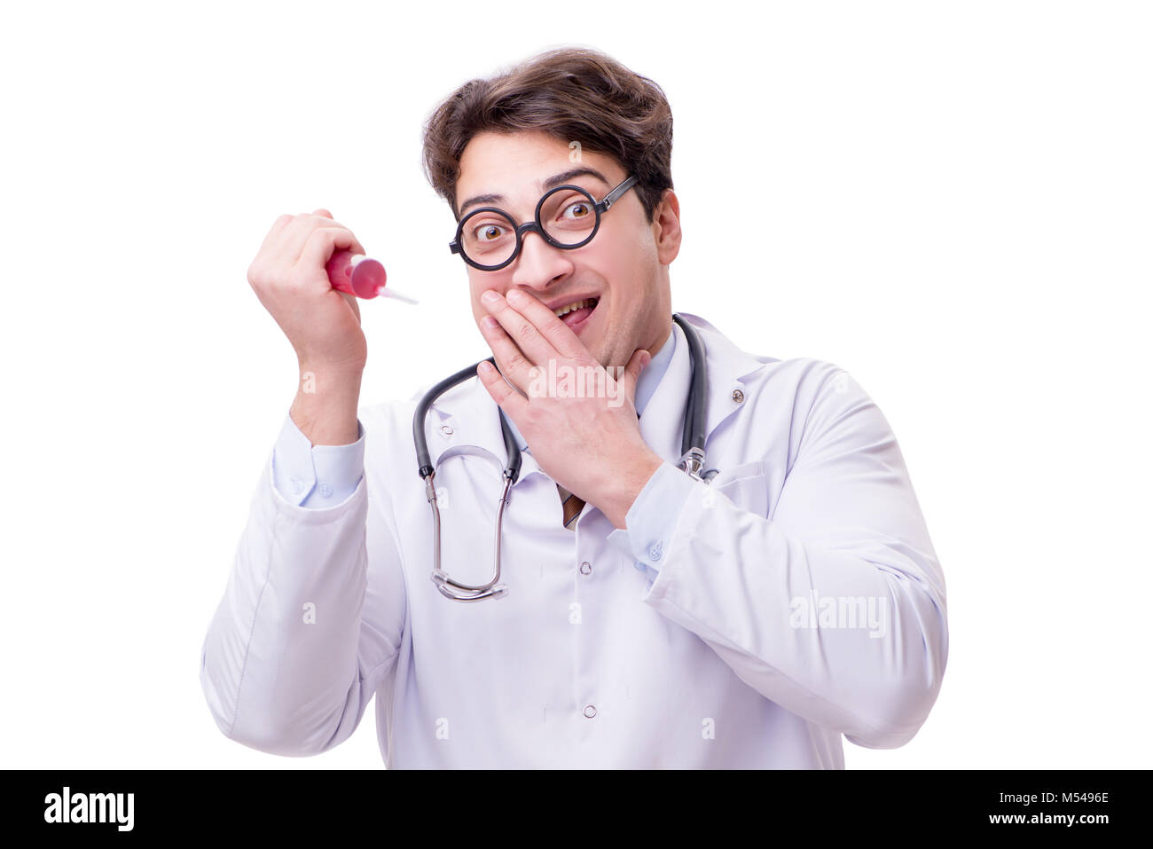 Funny doctor with syringe isolated on white Stock Photo - Alamy