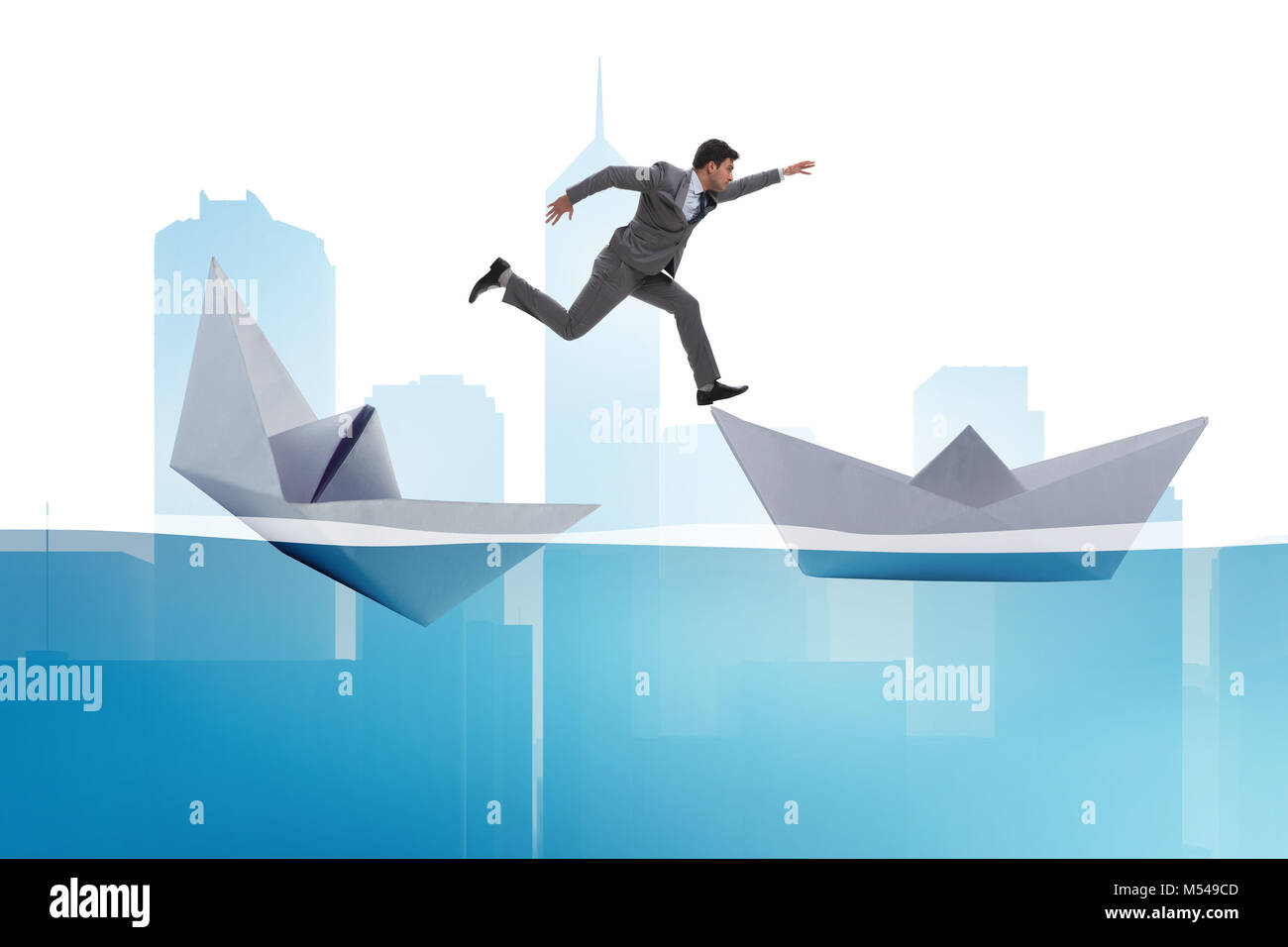 Businessman escaping sunken paper boat ship Stock Photo - Alamy