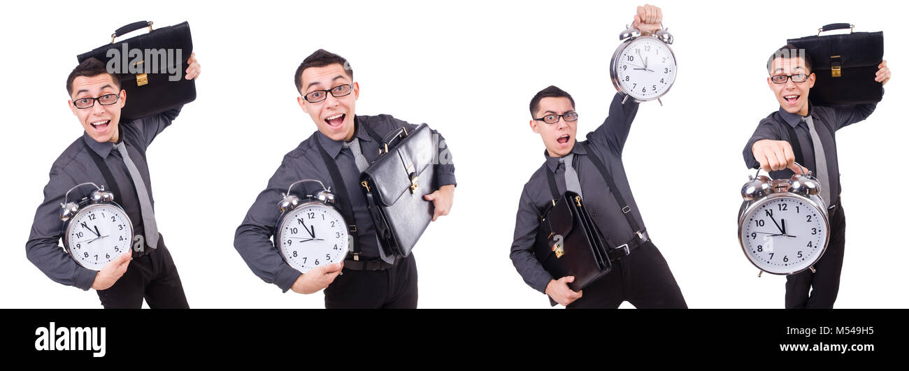 Funny businessman with clock isolated on white Stock Photo - Alamy