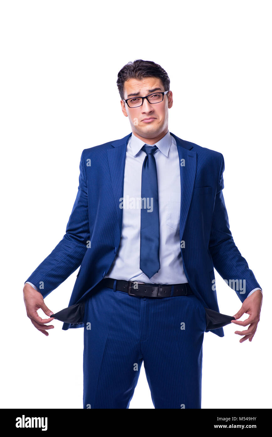 Bankrupt broke businessman isolated on white Stock Photo - Alamy