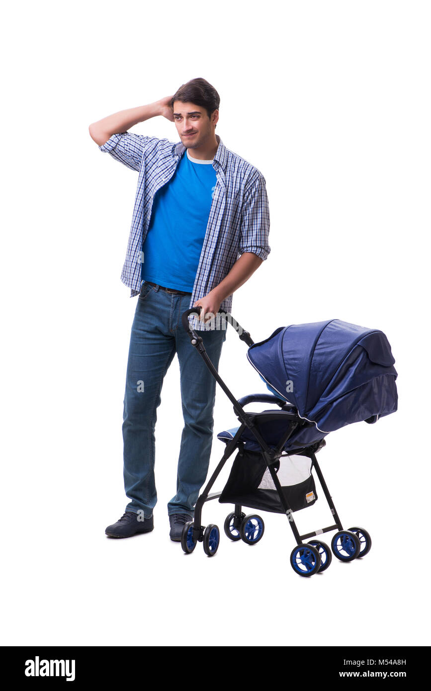 Young dad with child pram isolated on white Stock Photo - Alamy