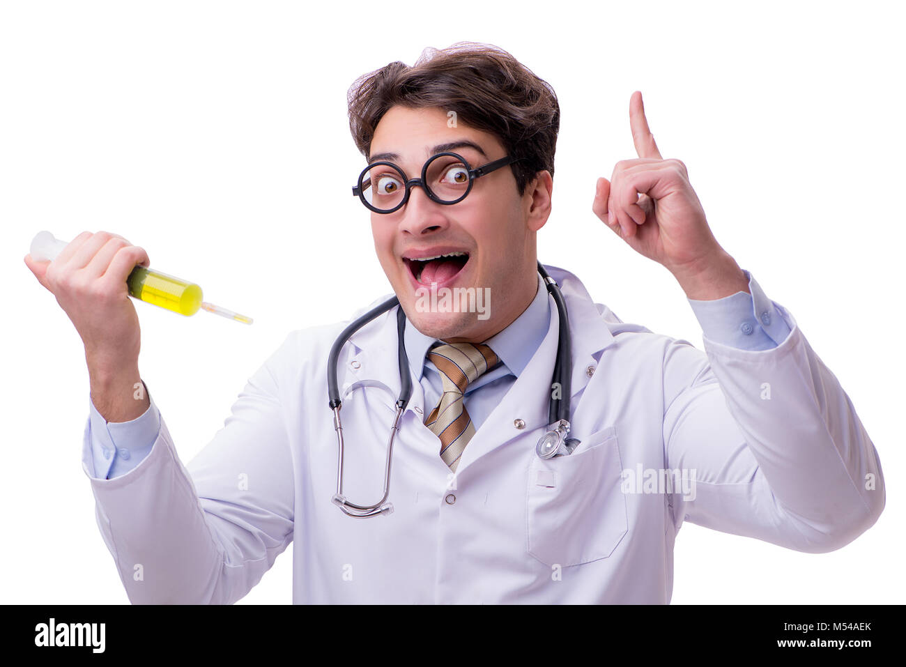 Funny doctor with syringe isolated on white Stock Photo - Alamy
