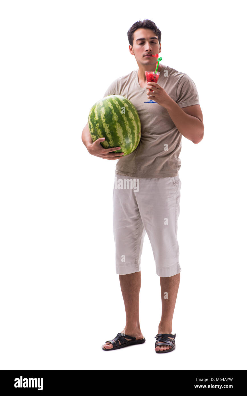 Young man with watermelon isolated on white Stock Photo - Alamy