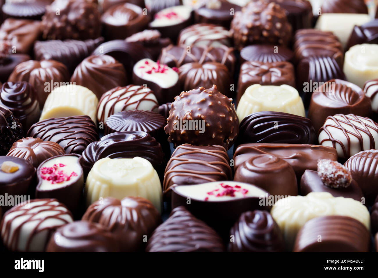 Assortment of fine chocolate candies, white, dark, and milk chocolate ...