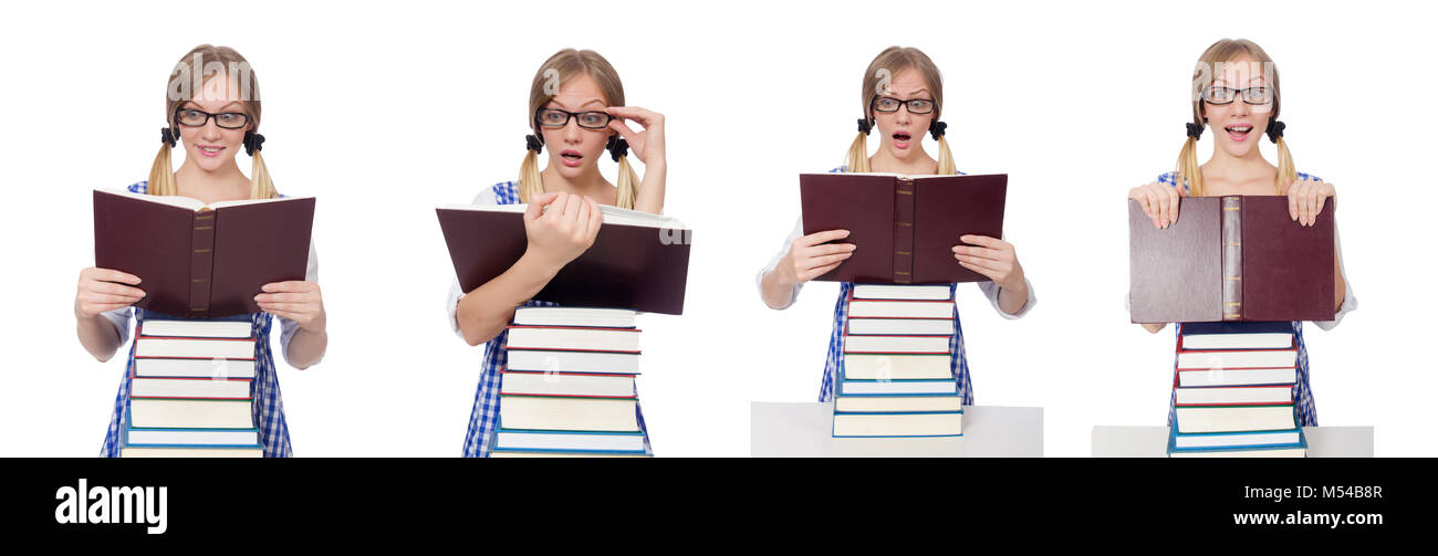 Funny student with stack of books Stock Photo - Alamy