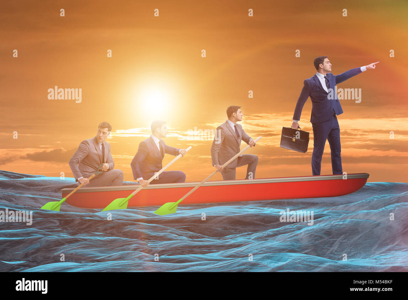 Team of businessmen in teamwork concept with boat Stock Photo - Alamy