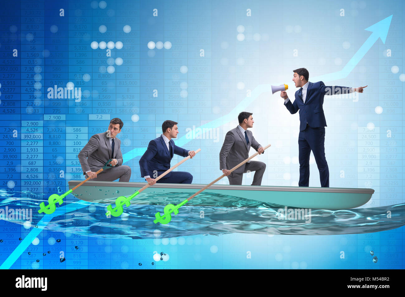 Team of businessmen in teamwork concept with boat Stock Photo - Alamy