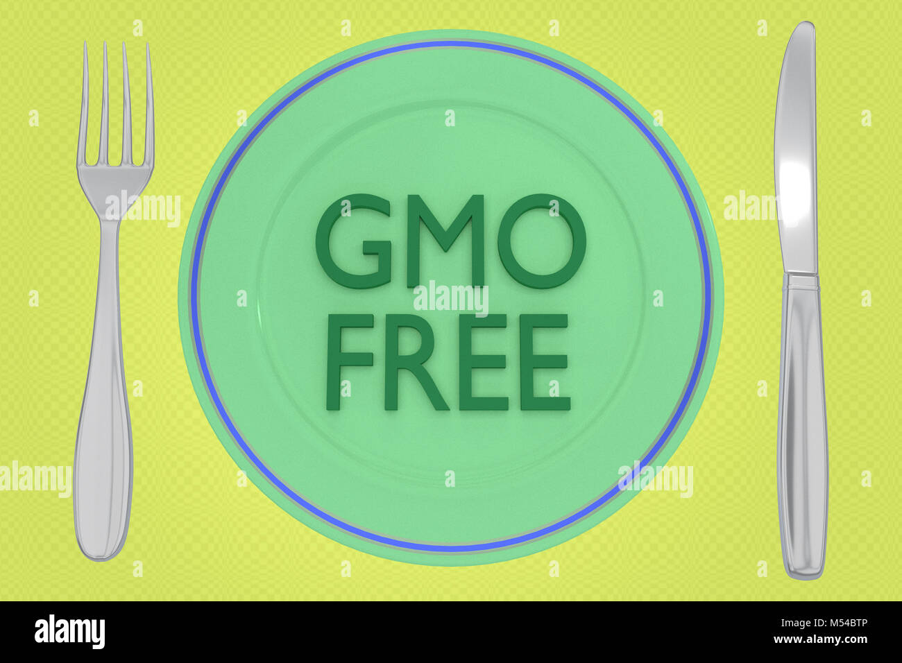 3D illustration of GMO FREE title on a pale green plate, along with ...