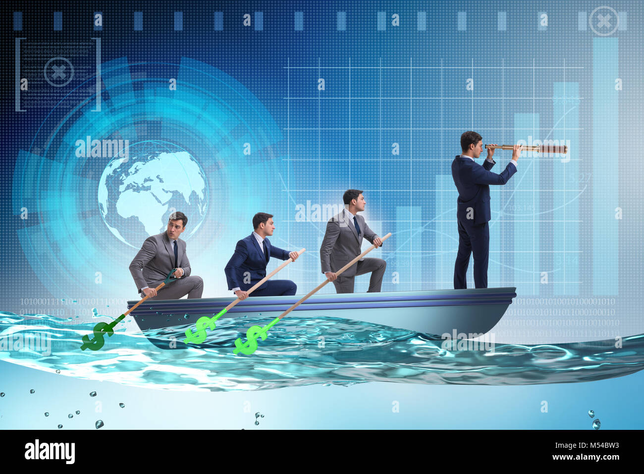 Team of businessmen in teamwork concept with boat Stock Photo - Alamy