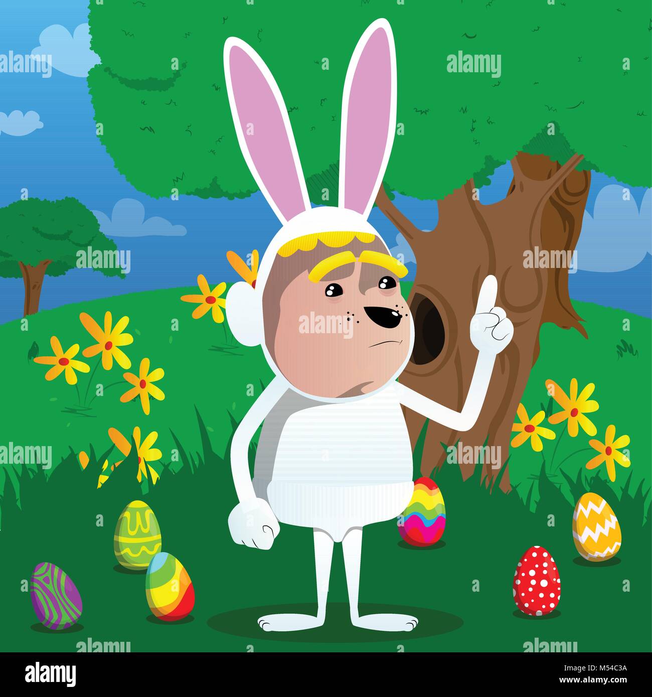 Boy dressed as Easter bunny making a point. Vector cartoon character ...