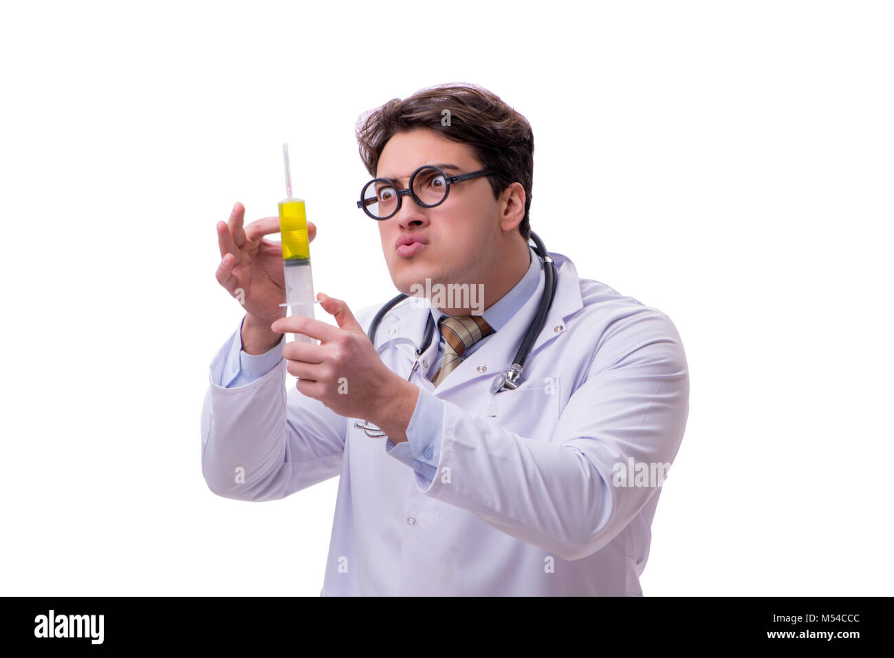 Funny doctor with syringe isolated on white Stock Photo - Alamy